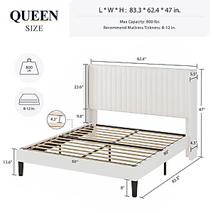 Allewie Queen Size Velvet Bed Frame/Vertical Channel Tufted Wingback Headboard/Upholstered Platform Bed/Strong Wooden Slats/No Box Spring Needed/Easy Assembly/White