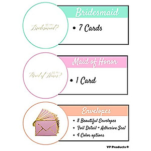 VP Products Bridesmaid Proposal Cards Set of 8 – Will You Be My Bridesmaid+Maid of Honor Card–For Bridesmaid Proposal Box Bridesmaid Gifts - Gold and Rose Gold Foil – Size 4.25 x 5.5” (Pink/Gold)