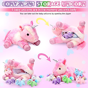 Sumind Rainbow Unicorn Mommy Stuffed Animal with 5 Cute Baby Unicorns in Her Tummy Plush Toy for Mama Girls Baby Toddler Kids 3 4 5 6 7 8+ YearChristmas Birthday Gifts(Stylish Style,Pink)