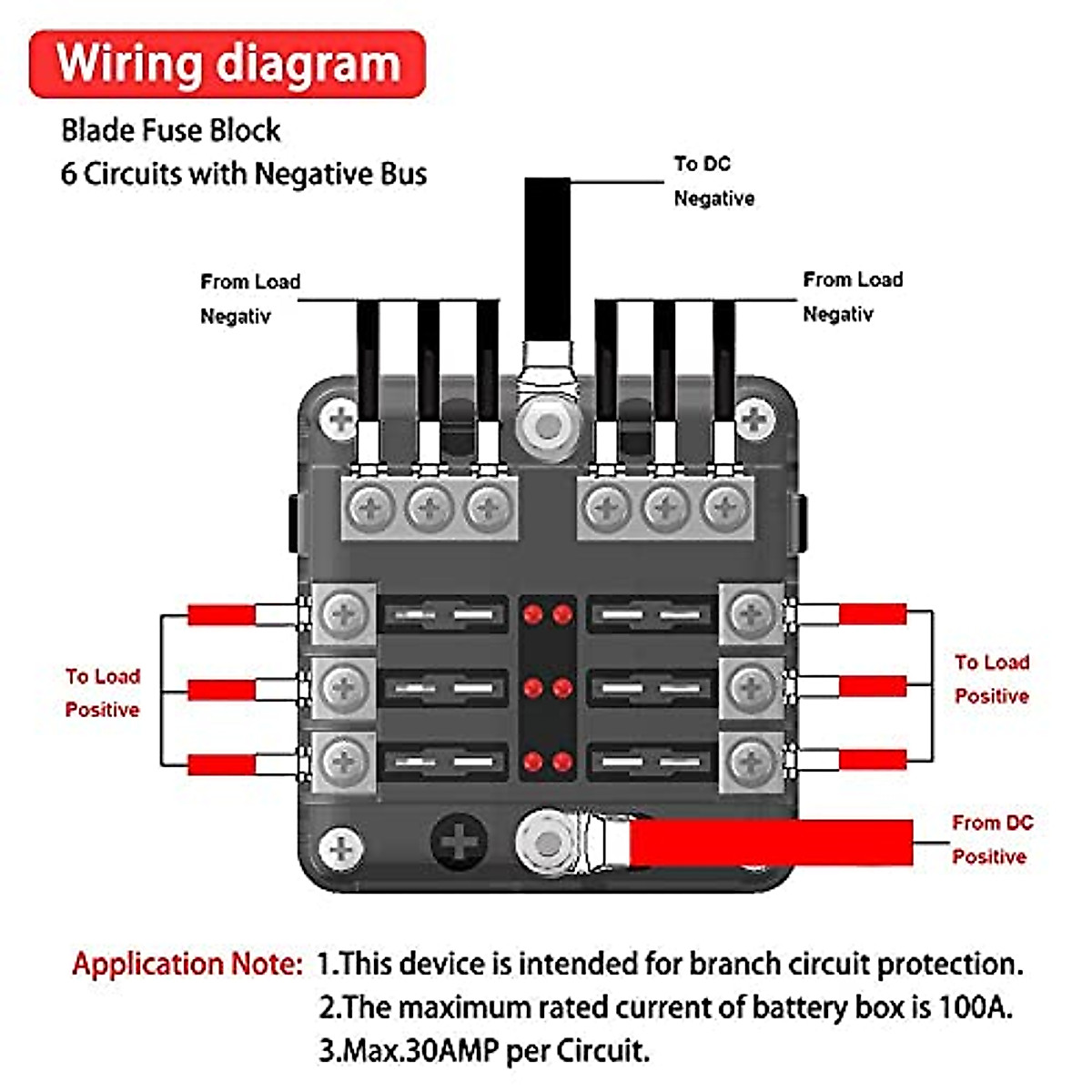 UMISKY 6-Way Fuse Box Blade Fuse Blocks with LED Warning Indicator Damp-Proof Cover for 12V/24V Automotive Car Truck Boat Marine Bus RV Van, 6 Circuit Independent Positive Negative