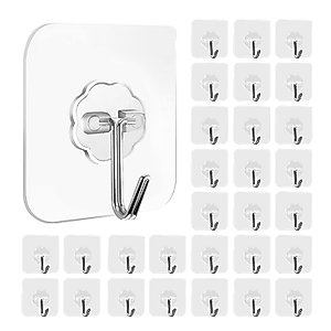 Lcsmaokin Adhesive Wall Heavy Duty Hooks for Hanging 33lb(Max), Transparent Reusable Waterproof Sticky Seamless Hooks for Hanging Keys, Coats, Hats, Bags(30 Pack)