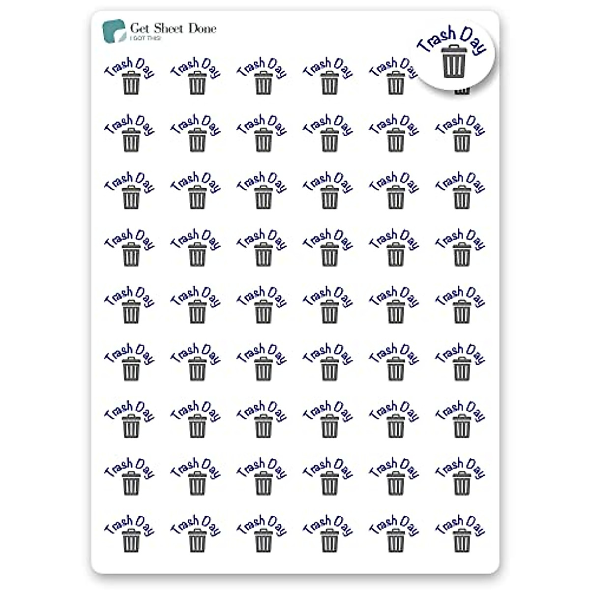 Trash Day Planner Stickers / 54 Fun Vinyl Stickers (1/2”) /  Chore Reminder /  Essential Productivity Life Planner Stickers/Bujo Bullet Journaling/Todo Appointments (Matte Vinyl, 1 Sheet)