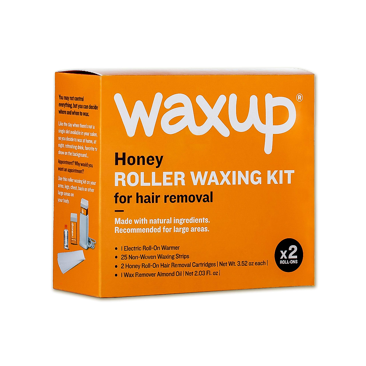 waxup Roll on Wax Kit for Hair Removal, Roller Waxing Kit for Women, 1 Portable Wax Warmer, 25 Non Woven Waxing Strips, 2 Honey Wax Roller Kit Refill, 1 Almond Oil Wax Remover