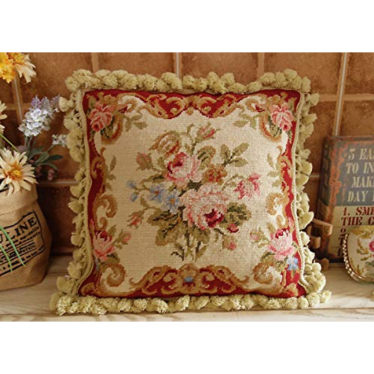 16" Home D�cor Pillow French Country Chic Shabby Handmade Needlepoint Pillow Cover