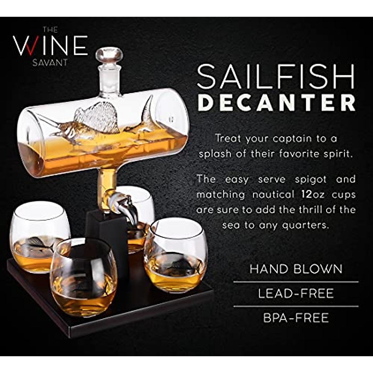 Swordfish & Sailfish Wine &Whiskey Decanter Dispenser and 4 Liquor Glasses - Fishing & Boat Decanter & Glass Set - Fishing Gifts for Men Bourbon & Scotch Decanter for Alcohol - Fisherman Gifts for Dad