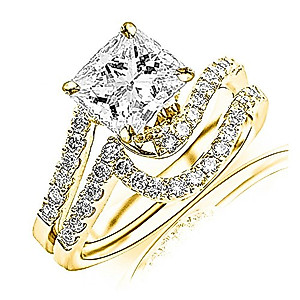 14K Yellow Gold 0.77 CTW Princess Cut Curving Pave & Prong-set Round Diamond Engagement Ring and Wedding Band Set, G-H Color I2 Clarity 0.5 Ct Center