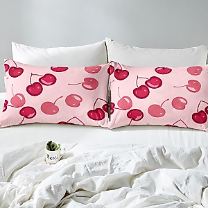 Red Cherry Bedding Set Twin Size,Tropical Delicious Fruits Fitted Sheet for Kids Boys Girls Room Decor,Cherry Modern Fashion Bed Sheet,Pink Summer Fruits Fantasy Sheet Set 2Pcs,1 Pillowcase