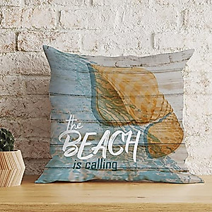 WoGuangis The Beach is Calling Shell Throw Pillow Cushion with Zippe Ocean Decor Throw Pillows Conch Rustic Pillow Sham for Bedroom Sofa Couch White Linen 16x16in Farmhouse Home Pillow Birthday Gift