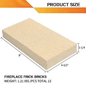 dndsim 12PCS Woodstove Firebricks, Fire Bricks, Size 9" X 4-1/2" X 1-1/4", Fire Bricks for Wood Stove, Fireplaces, Brick Fireplace