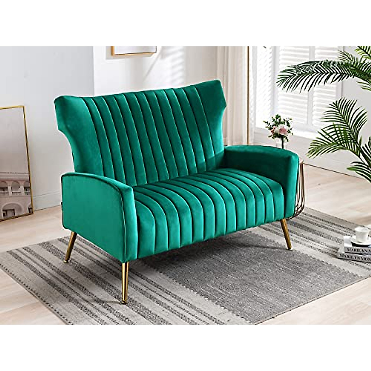 Altrobene Velvet Couch Modern Wingback Loveseat Tufted Luxury Sofa with Gold Legs for Living Room/Bedroom, Green