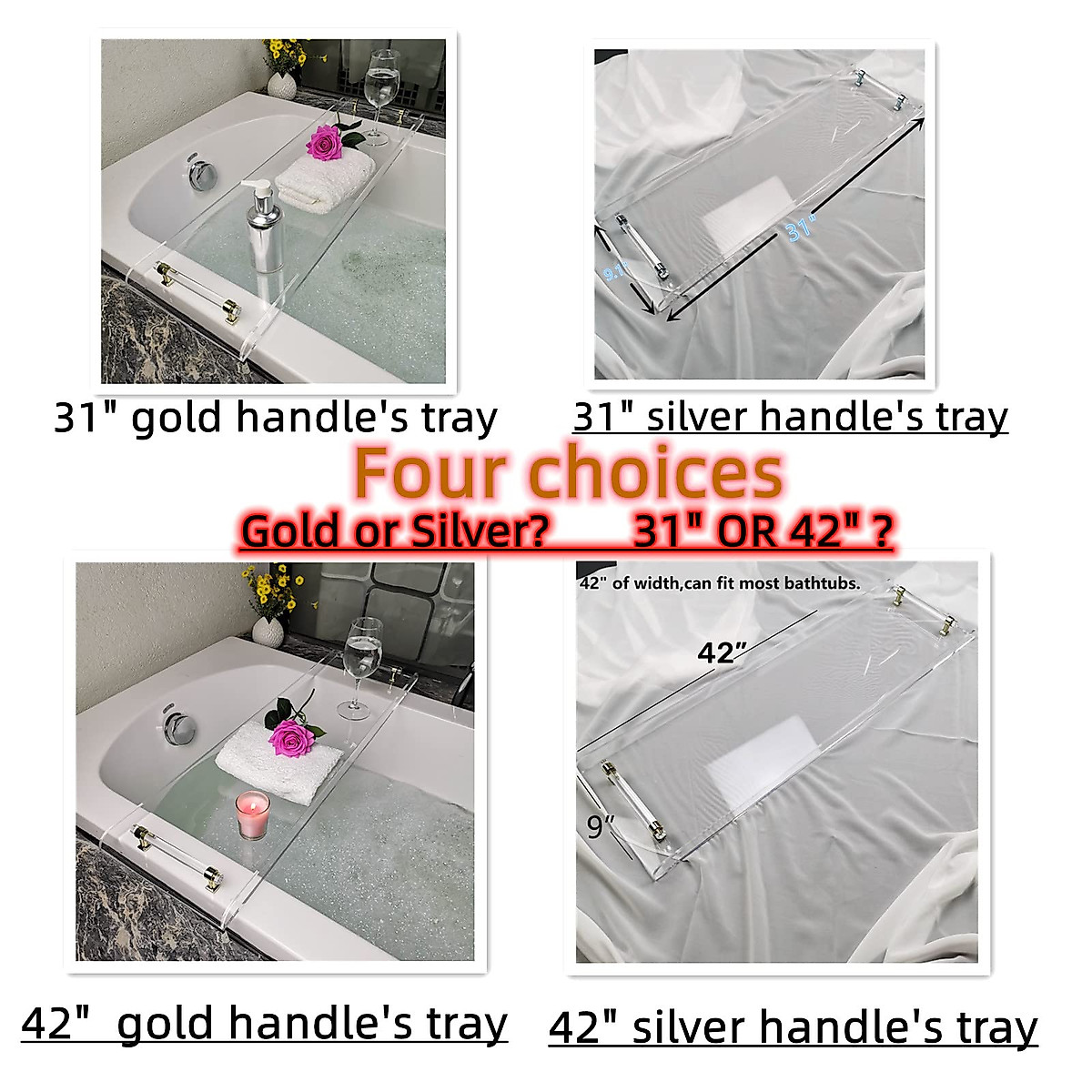 42" Gold Handle transaprent Bathtub Caddy for Luxury Bathroom