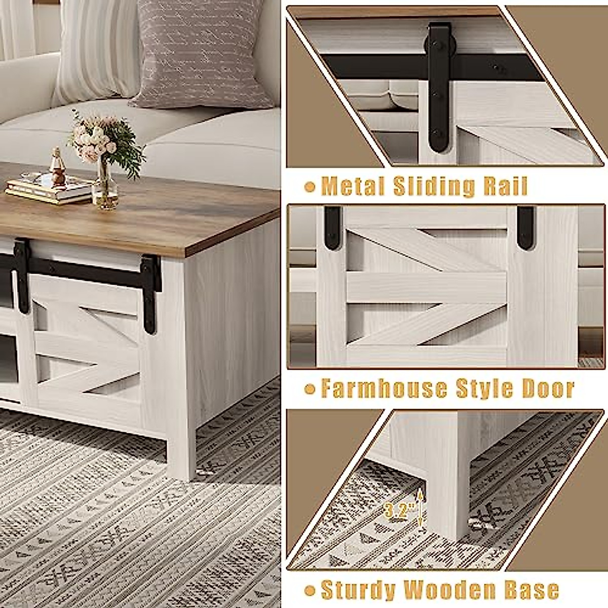 Furmax Coffee Table with Storage and Sliding Barn Doors, Farmhouse Living Room Table with Adjustable Shelves, Wood Rustic Center Table for Home Living Meeting Room (Antique White)