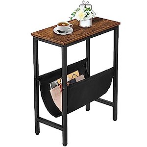HOOBRO Narrow End Table, Side Table for Small Spaces, Slim Nightstand with Magazine Holder, Modern Skinny Sofa Table, 24.6 in Width Bedside Table, Snack Couch Table, Rustic Brown and Black BF41BZ01G1