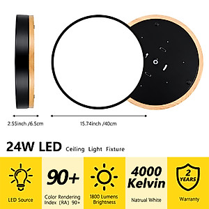 VIOLOEMI Modern Black Ceiling Light, Wood LED Close to Ceiling Lighting Fixtures, Round Flush Mount Ceiling Lamp for Kitchen Bedroom Bathroom Laundry Room Nursery Room Hallway（15.74 Inch）