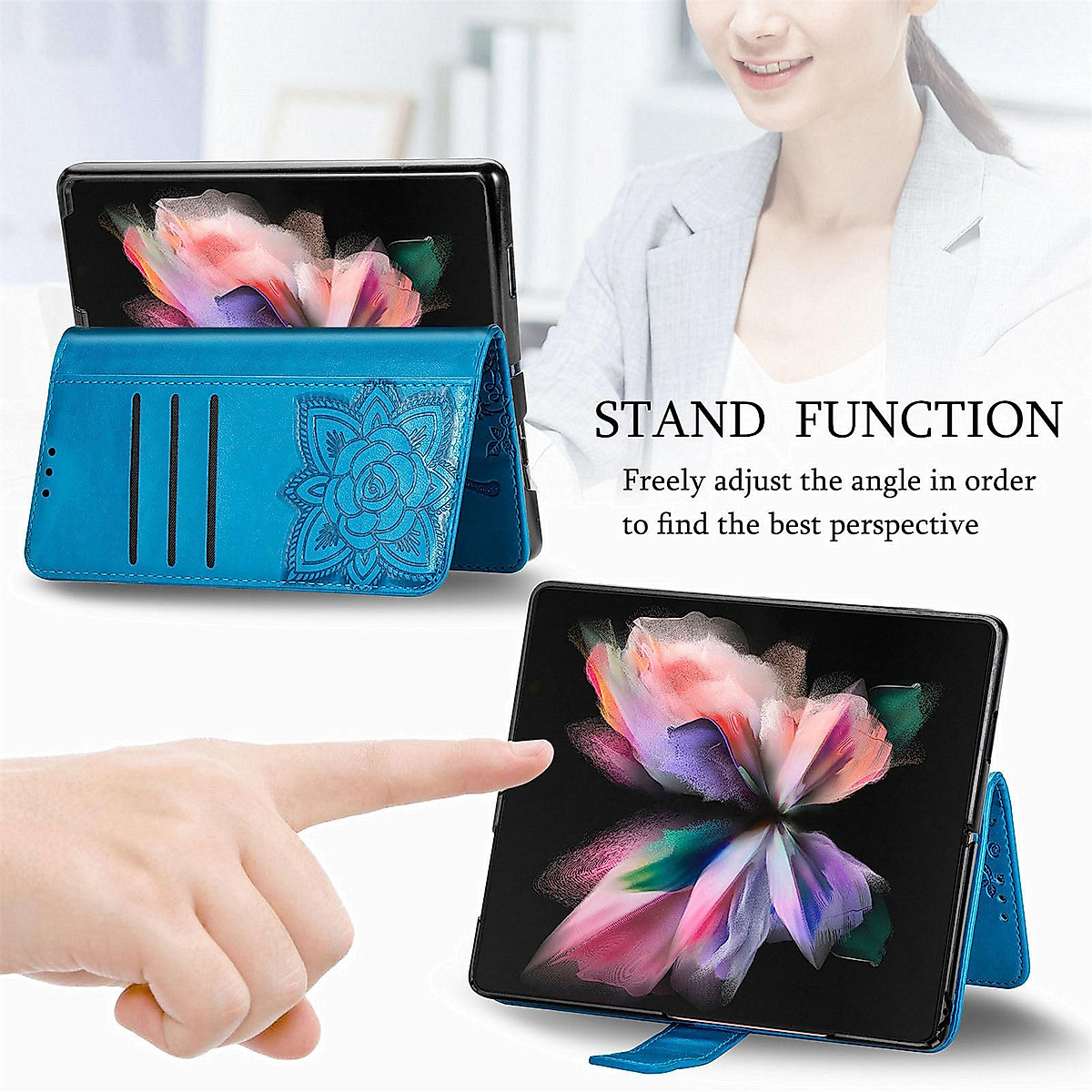 COTDINFOR Case for Samsung Galaxy Z Fold 5 Case Glitter Bling with Card Holder and Stand Leather Flip Wallet Diamond Butterfly Protective Case for Samsung Galaxy Z Fold 5 Crystal Blue