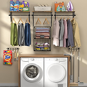 Laundry Room Shelves Wall Mounted with Wire Baskets, Over the Washer and Dryer Shelf with Clothes Drying Rack, Wire Shelves Baskets for Laundry Closet Organization and Storage, Wood+Metal, Black