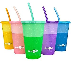 Hippozz Plastic Tumblers with Lid & Straw 5 Pack 16 Oz Color Changing Cups with Lids & Straws Colorful Tumblers with Straw BPA Free Kids Cups with Lids for Parties Reusable Coffee Cups