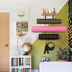 Bikoney Yoga Mat Holder Wall Mount Yoga Mat Storage Home Gym Accessories with Wood Floating Shelves and 4 Hooks for Hanging Foam Roller and Resistance Bands Fitness Home Gym Carbonized Black