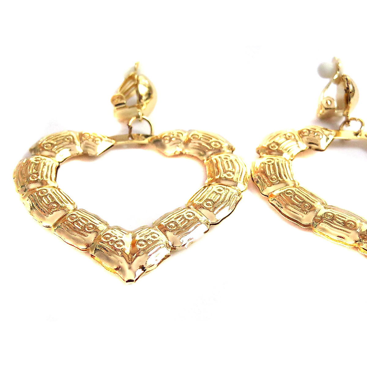 Clip-on Earrings Gold Tone Heart Bamboo Hoop Earrings 2 inch Retro Earrings