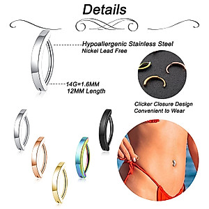 NICEIGHT 5PCS 14G 316L Stainless Steel Clicker Belly Button Rings for Women Simple Reverse Navel Rings Clip on Belly Ring Barbell Body Jewelry Piercing 12MM