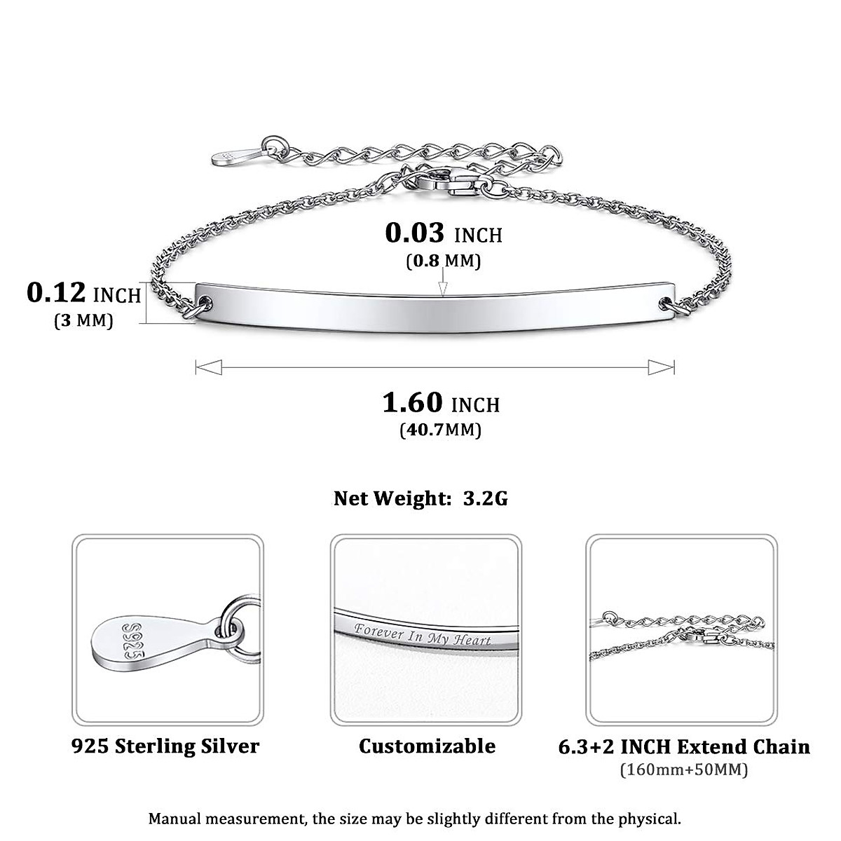 ChicSilver Personalized Bar Bracelet for Women 925 Sterling Silver Engraved Initial Name Nameplate Bar Link Charm Bracelet Identification ID Bracelet Friendship BFF Bracelet Adjustable