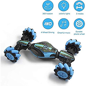 GoolRC RC Stunt Car, 4WD 2.4GHz Remote Control Car, Deformable All-Terrain Off Road Car, 360 Degree Flips Double Sided Rotating Race Car with Gesture Sensor Watch Lights Music for Kids (Blue)
