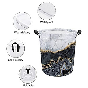 Collapsible Abstract Agate Marble Laundry Basket Waterproof White Black Gold Laundry Hamper Freestanding Large Cloth Storage Bin With Handles for Household Bedroom Bathroom