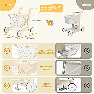labebe Baby Push Walker Doll Stroller, Push Toy for Toddler, Shopping Cart for Girls and Boys 1 Years Old, Kids Stand Learning Walker, Wooden Play Wagon with Wheel, Larger Size 15.2 * 18.7 * 19.7