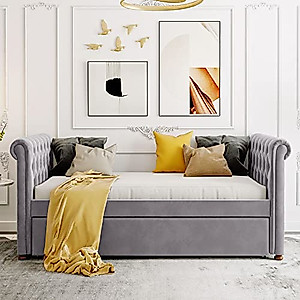 TARTOP Twin Daybed Upholstered Daybed with Trundle, Twin Size Sofa Bed Wood Bed Frame for Kids/Teens/Girls/Boys,Gray