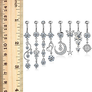 8 Pieces 14G Belly Button Rings Steel Long Dangle Navel Ring CZ Body Piercing Jewelry (Silver)