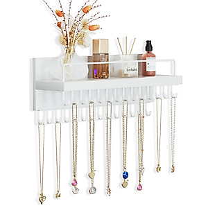 Lolalet Necklace Holder Hanging Necklace Organizer Wall Mounted Jewelry Organizer with 30 Hooks and Perfume Shelf, Wood Necklace Hanger Rack for Bracelets -White