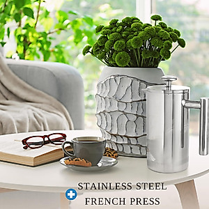 Mixpresso Stainless Steel French Press, 27 Oz, Double Wall Insulated, Mirror Finish, Thermometer Build On