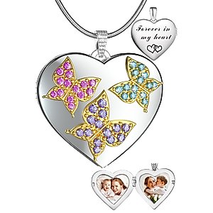Fanery Sue Locket Necklace for Women, Heart Locket Necklace Pendant Necklaces with Picture Inside- Jewelry Memory Gifts Vintage Cute Locket for Women (Sliver Butterfly Locket)
