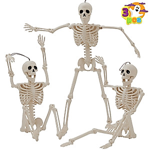 JOYIN 3 PCS Halloween Hanging Skeletons 16" Full Body Posable Joints Movable Plastic Bones for Halloween Party Outdoor Indoor Decor, Yard Patio Lawn Garden Props Decorations