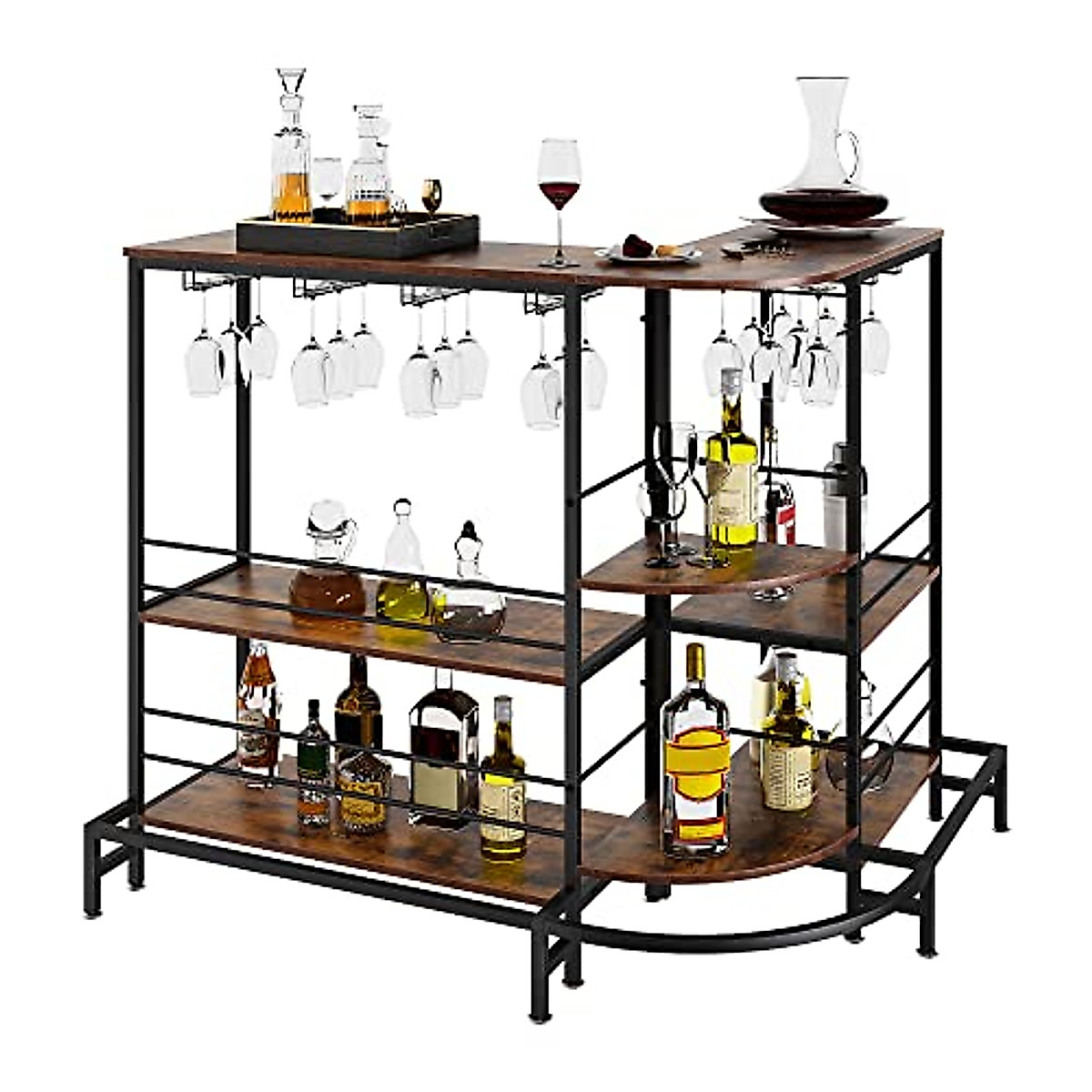 kepptory L-Shape Bar Table, 3-Tier Liquor Bar Table with Storage & Glasses Holder & Footrest, Farmhouse Wine Bar Cabinet for Home, FreeStanding Sideboard and Buffet Cabinet, Retro Brown