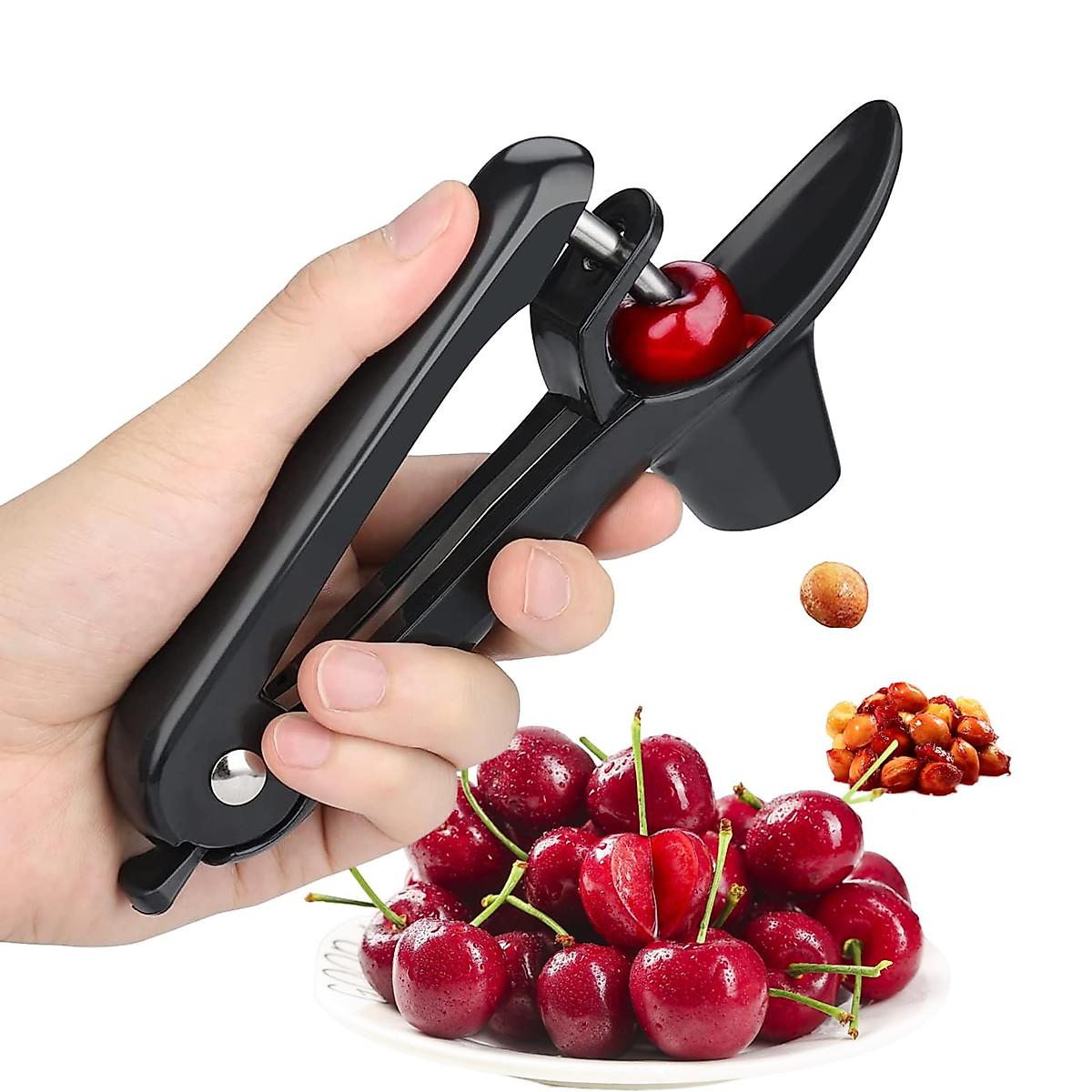 Cherry Pitter - Stainless Steel Olive and Cherries Pitters Corer Tool with Space-Saving Lock Design, Multi-Function Fruit Pit Remover for Cherry Jam (Black)