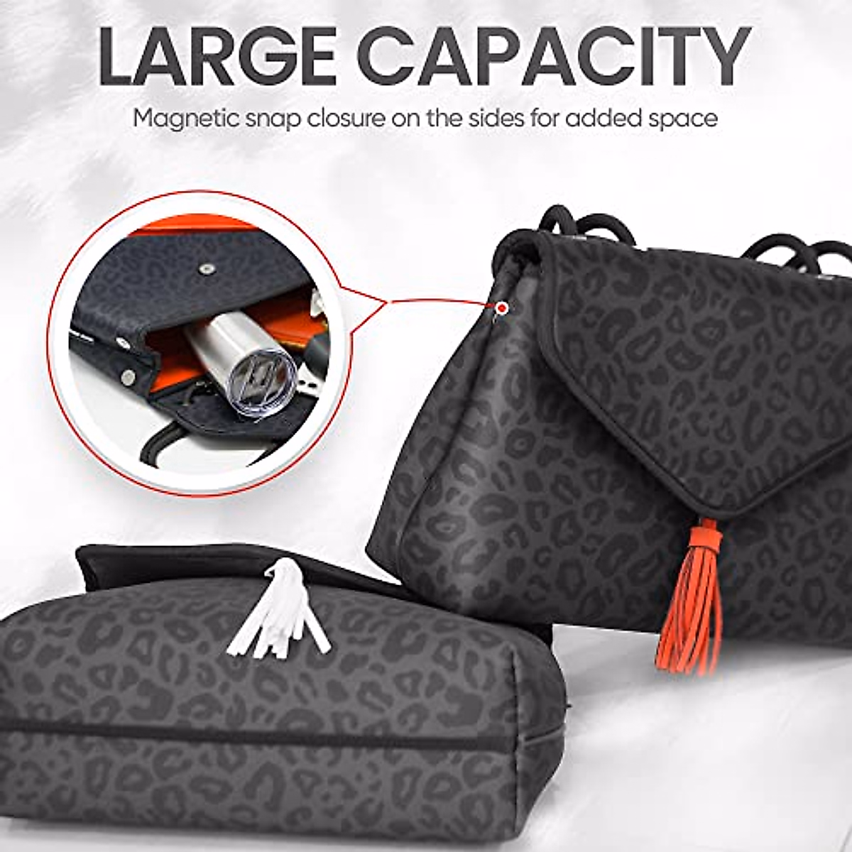 Cris Tassel Neoprene Tote Bag for Women - Crossbody Purse and Shoulder Bag - Neoprene Bag Leopard Print - Interchangeable Tassel Colors - Multipurpose Travel Purse, Beach Bag, Gym Bag, Pool Bag