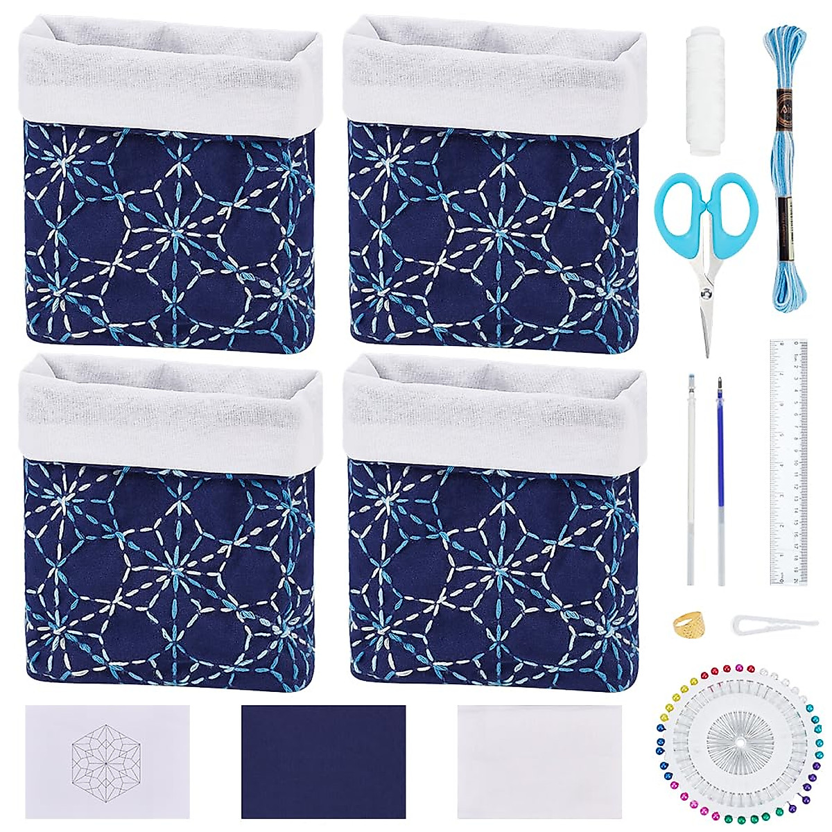 FREEBLOSS 4 Set DIY Sashiko Kit Mini Storage Basket Dark Blue Storage Basket Bins Baskets for Organizing Crafts for Adults Home Handcraft
