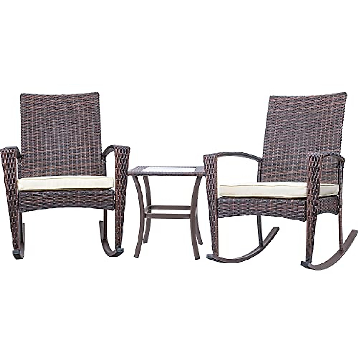 3 Piece Wicker Patio Furniture Sets, Outdoor Wicker Rocking Chairs Patio Bistro Set, Rattan Chairs Patio Furniture Set for Porch Lawn Poolside Backyard with Glass Coffee Table, Brown and Beige