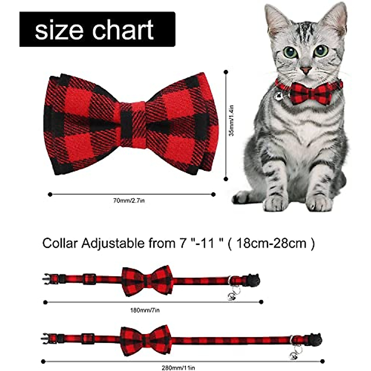 Breakaway Cat Collars Cute Kitten Collar with Bell and Bowtie Soft Pet Collar with Plaid Pattern Detachable and Adjustable Bow Tie Collar for Boy Cats, Girl Cats and Puppies Daily Wearing, Pack of 1
