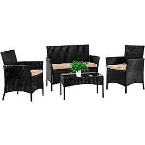 Patio Furniture Set 4 Pieces, Outdoor Rattan Chair Wicker Sofa Garden Conversation Bistro Sets for Yard, Pool or Backyard, Best Wicker Furniture Outdoor 4pc Garden Patio Conversation Set - Black
