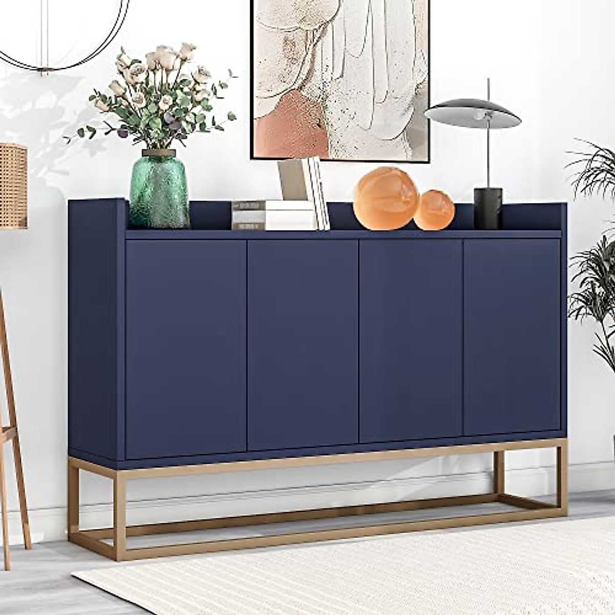 47" Buffet Sideboard Cabinets with Gold Metal Base, 4 Unobtrusive Doorknob, Elegant Freestanding Storage Cabinet, Large Storage Space Kitchen Console Table for Dining Living Room, Entryway, Navy Blue