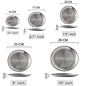 Bonilaan 304 Stainless Steel Plate, 5 Size Metal Plates , Matte Polished Rust-Proof Metal Round Dishes Set for Home Kichten, Outdoor Camping, Salad, Snack, Steak, Pizza and BBQ - Set of 5, Silver