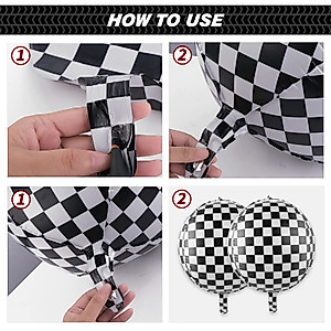6 Pieces Checkered Balloons, Race Car Balloons 22 Inch Black and White Checkered Balloons 4d Round Sphere Foil Checkered Flag Balloons for Boy Adult Racing Themed Party Decoration Supply