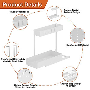 Under Kitchen Sink Organizers and Storage L-Shape Easy Assembly,Under Sink Organizer Kitchen Durable Pull-Out with Sliding Drawer,Bathroom Sink Organizer Large Capacity with Hooks,2 Pack,White
