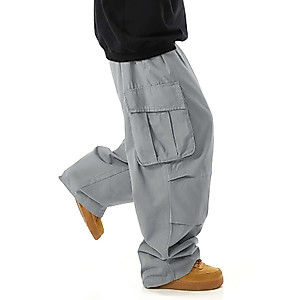 OYOANGLE Men's Drawstring Elastic Waist Flap Pockets Streetwear Baggy Cargo Pants Joggers Hiking Trousers Light Grey L