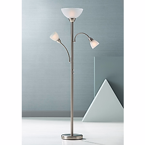 Possini Euro Design Alexei Modern Torchiere Floor Lamp Tree 3-Light Gooseneck Arm 72" Tall Brushed Nickel White Crackle Glass Pole Dimmer Living Room Reading House Bedroom Home Office