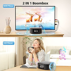 CD Player with Speakers, ARAFUNA CD Player Bluetooth Boombox with Subwoofer, 2000mAh Rechargeable DVD Player with HDMI, AV Cord, FM Radio Home CD Player with Alarm Clock & Support USB-Upgraded
