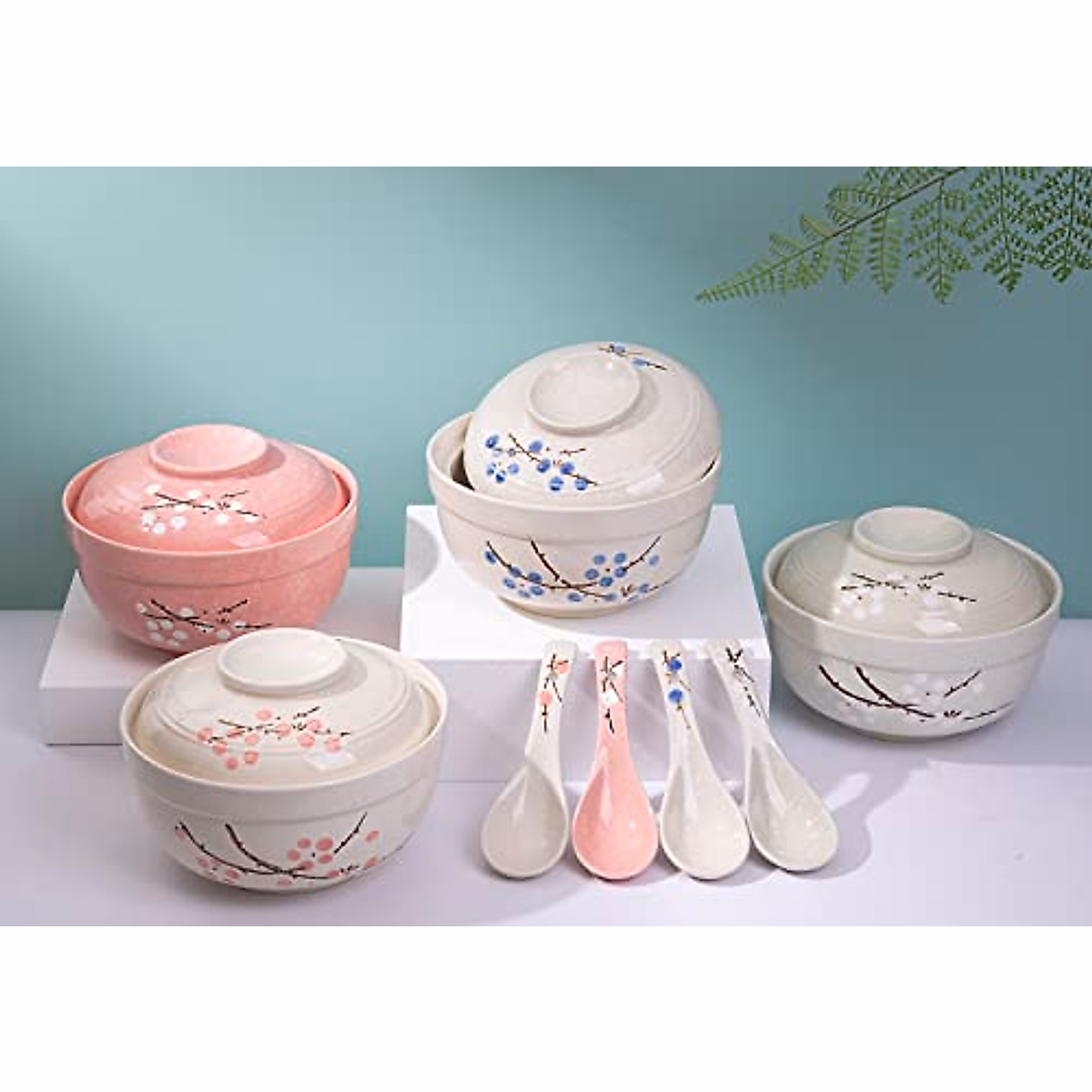 LLDAYU Japanese Creative Hand-Painted Ceramic Bowls with Soup Spoon, Large 27.5 OZ ramen bowls/Soup bowls,with Heat Preservation Function, and Suitable for Microwave Oven, and Dishwasher- pink