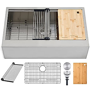 SHACO 33 Inch Farmhouse Sink, 33x20x9 Stainless Steel Farmhouse Kitchen Sink, 9 Inch Deep Brushed Nickel Single Bowl Ledge Workstation Sink, Apron Front Farm Sink with Cutting Board